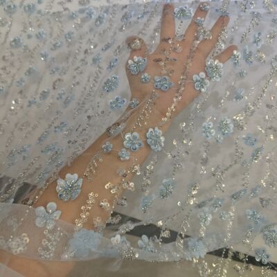 Blue 3D Flower Embroidery Sequin Beading Lace Fabric for Eve