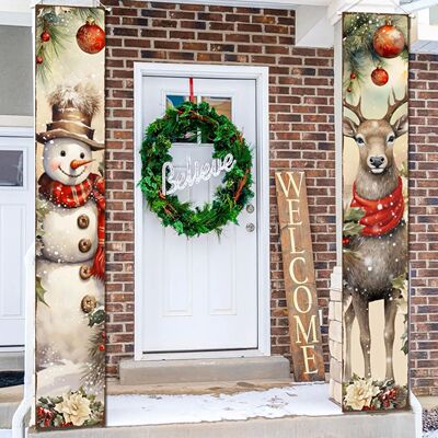 Merry Christmas Snowman Deer Door Banner Xmas Holiday Welcom