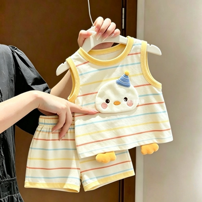 可爱卡通条纹短袖T恤男女宝宝夏季薄款上衣小童潮背心短裤两件装