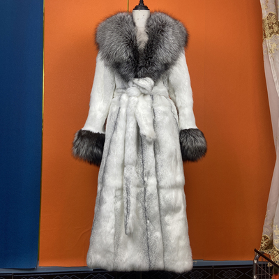 印花兔毛中长款银狐毛领皮草修身