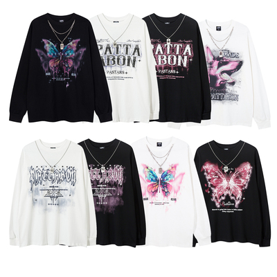 PATTA服饰美式复古潮牌蝴蝶印花长袖T恤男女情侣宽松上衣打底衫