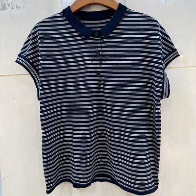 小艺欧货女装2026春季款韩版条纹小翻领宽松显瘦短袖针织衫8573H