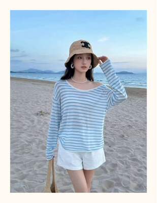 2026夏季新款条纹撞色斜肩长袖T恤女春夏休闲宽松百搭打底衫上衣