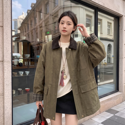 MZUC韩式工装风军绿色翻领风衣女中长款宽松撞色拼接外套
