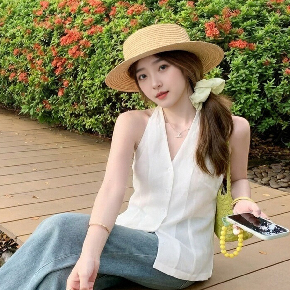 ELLE白色亚麻挂脖吊带背心女2026春季新款设计感莱赛尔天丝上衣