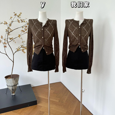 镂空菱格针织衫复古圆领上衣