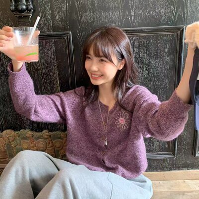 BLUEBERRY韩系针织学院风刺绣花卉毛针织衫2026年新款