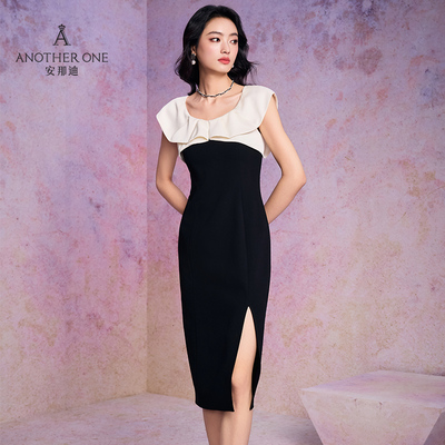 法式优雅气质连衣裙撞色开叉长裙