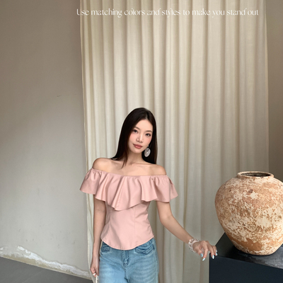 YOOMINI-晚枫温柔集半荷法式·一字领荷叶边修身光泽感M60439-DSW