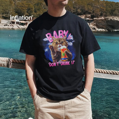 捷展男装|猫咪印花T恤2025春夏趣味街头潮流情侣装宽松短袖上衣