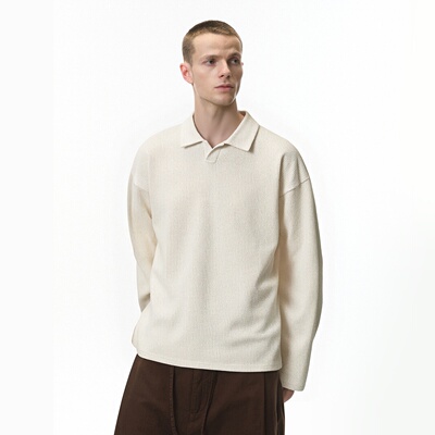 inflation华夫格海鸥领长袖T恤25秋季新品潮牌休闲纯色翻领上衣男