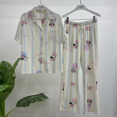 亲嘴猫迪士尼米妮莫代尔棉可外穿卡通开衫短袖条纹家居服X62175