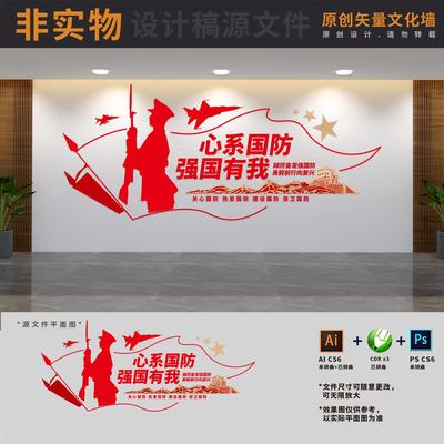 心系国防标语文化墙人武部民兵之家背景形象墙AI+CDR+PSD设计素材