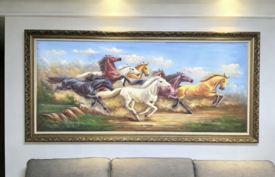 日照金山油画八骏图马群山川瀑布客厅沙发背景书房装饰画手绘挂画