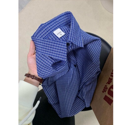 蓝格设计感宽松长袖衬衫外套女