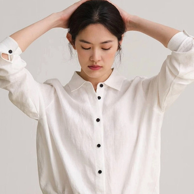 亚麻衬衫女春夏宽松休闲简约长袖衬衣复古叠穿上衣24038苎麻