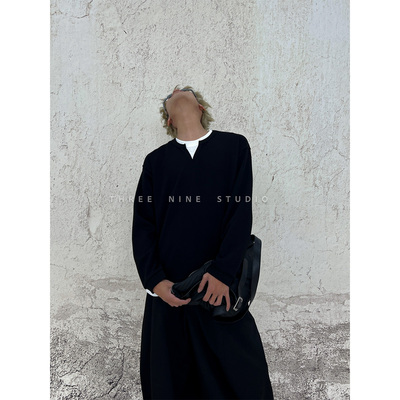 THREENINE小众假两件V领长袖男