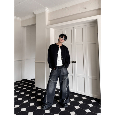 毛边拼接设计感牛仔裤