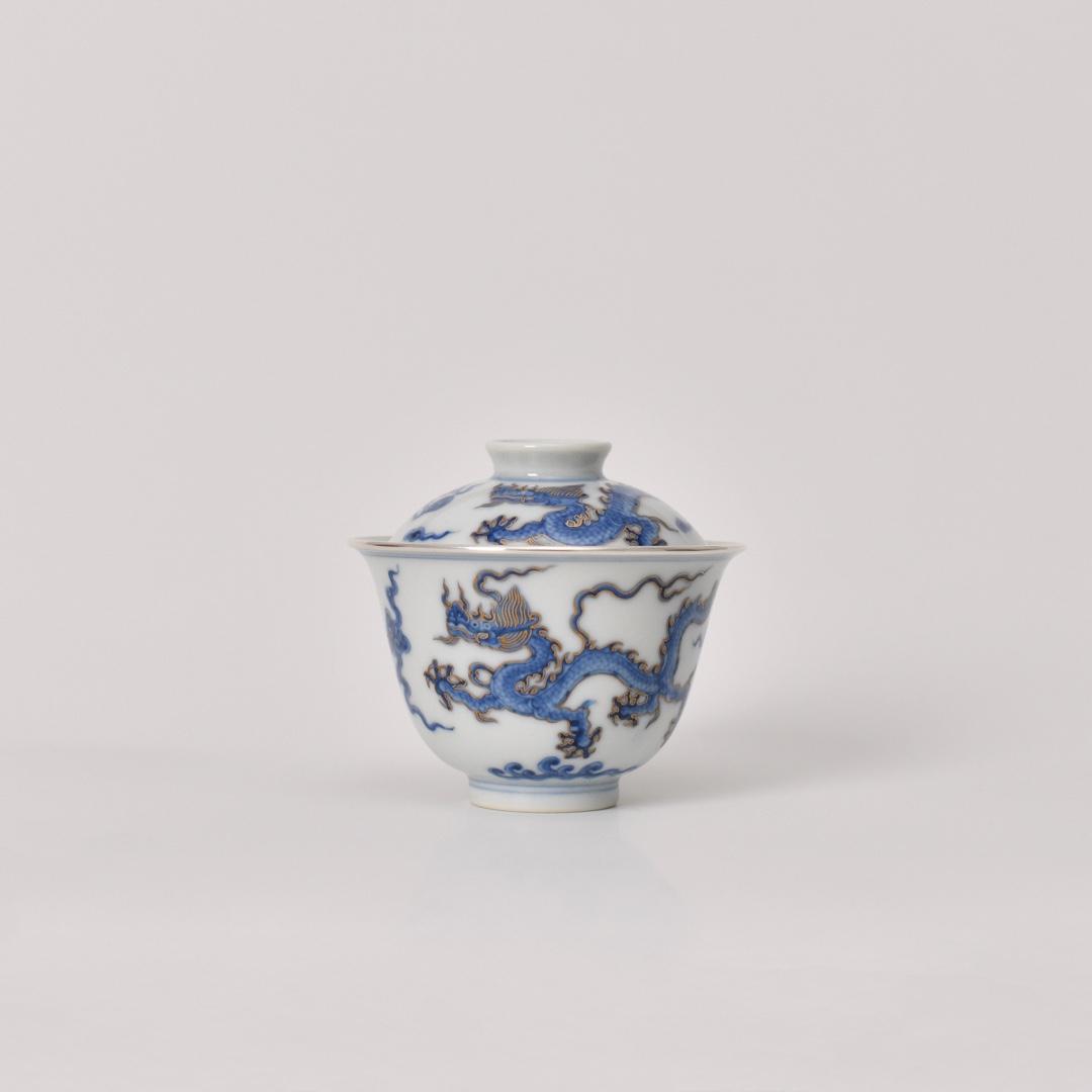 无尘格古青花描金龙纹盖碗景德镇纯手工瓷器容量:110ml