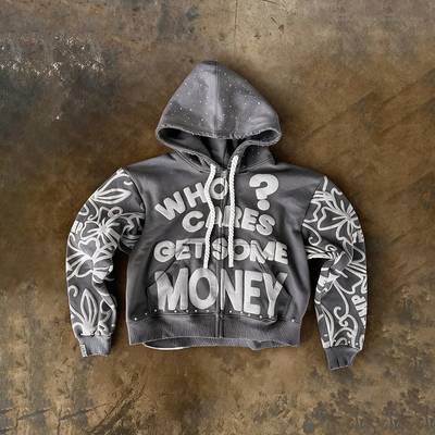 y2k hoodie美式街头风字母连帽卫衣男女宽松拉链开衫灰色潮流上衣