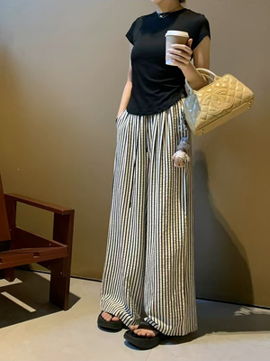 慵懒遛弯条纹家居裤女2025新款直筒裤休闲山本裤宽松阔腿裤时尚款