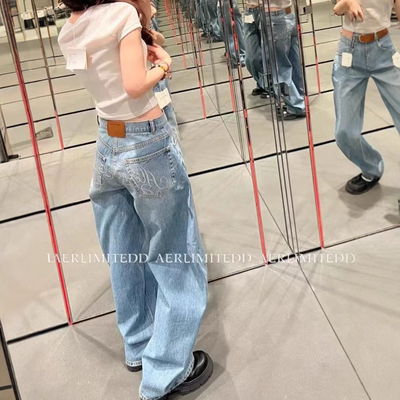 A/Wang新款25烫钻洗水做旧直筒牛仔裤显瘦阔腿休闲长裤女