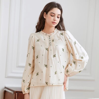 Famecoco范可儿甜美木耳边宽松圆领衬衫刺绣莱赛尔衬衣FAB8BD003