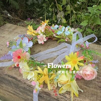 小清新森系ins风彩色多巴胺花环头饰粉黄紫色布艺花朵发饰