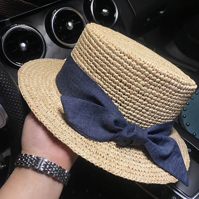 马达加斯加进口拉菲草纯手工钩针编织平顶草帽女士窄檐百搭小礼帽