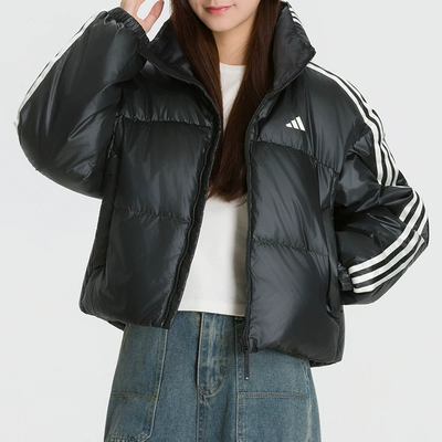 Adidas阿迪达斯女士黑色立领短款面包服条纹装饰运动风外套KW4723