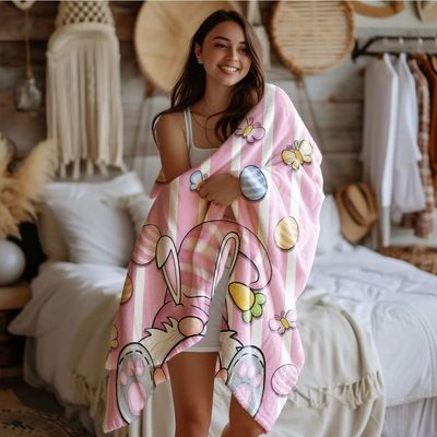 1pc Easter Pink Dwarf Easter Egg Printed Flannel Blanket Mul