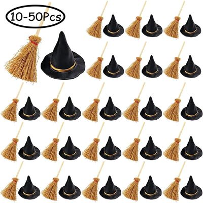 10-50Pcs Mini Witch Hat with Mini Broom Miniature Straw Broo