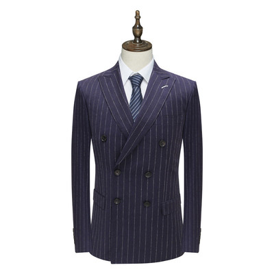绵羊毛两粒双排扣深蓝竖条纹西服