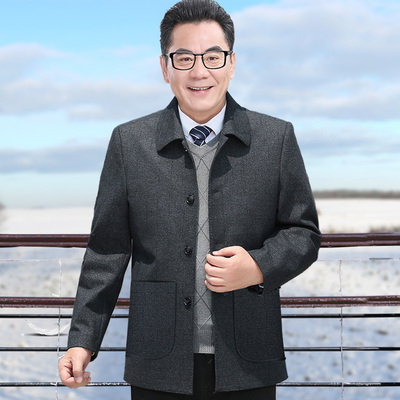 50爸爸呢子外套春秋季60中老年夹克男春装翻领70岁爷爷老年人衣服