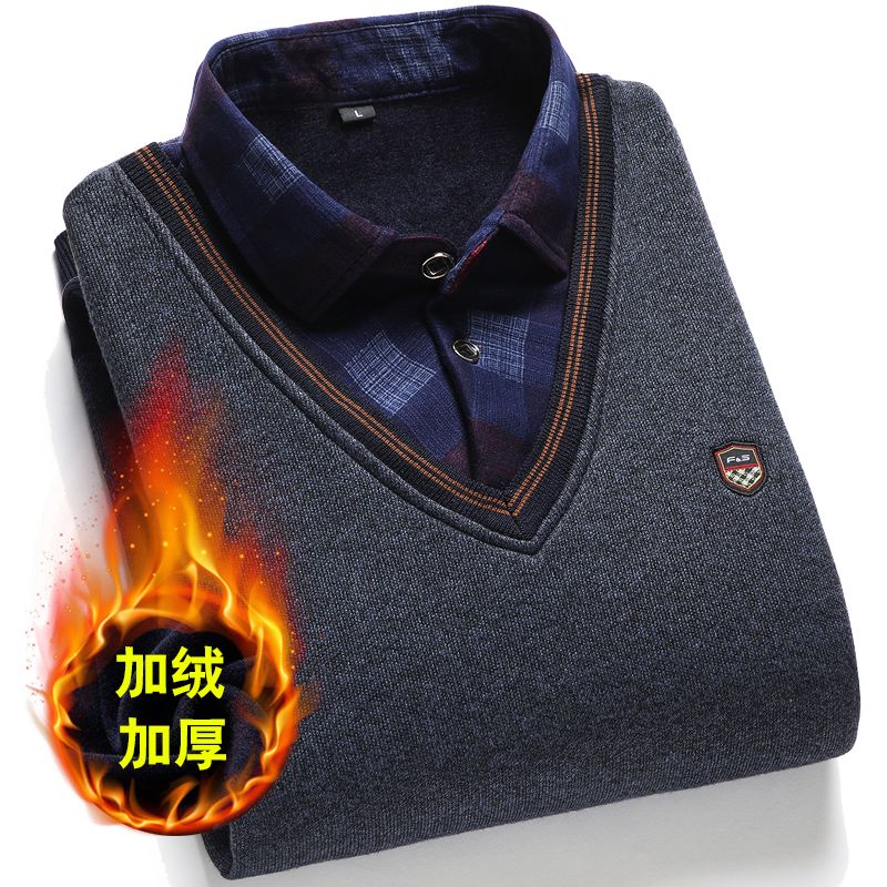 加绒加厚假两件针织衫中老年套头毛衣衬衫领长袖打底衫男保暖上衣