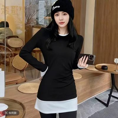 【树林送福利】秋冬新款加绒加厚中长圆领假两件T恤 8400