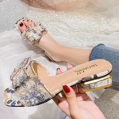 women flat sandals beach shoes big size 43珍珠一字沙滩凉拖鞋