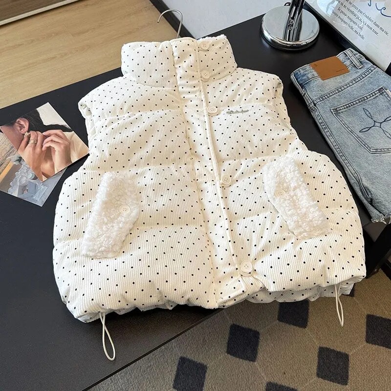 韩系甜美波点针织拼接马甲棉服外套女冬季宽松加厚短款保暖面包服