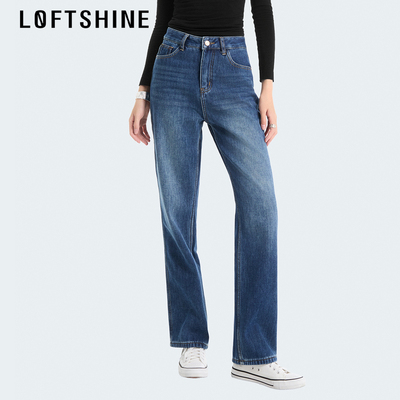 LOFTSHINE珞炫加绒直筒牛仔裤女窄版阔腿裤宽松遮肉显瘦保暖长裤