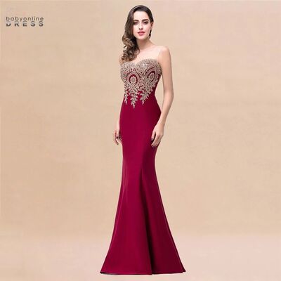 Elegant Mermaid Evening Dress Women Golden Appliques Lace Ro