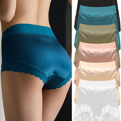6pcs Women's Seamless Satin Briefs Mid-Waist Ruffle Mulberry