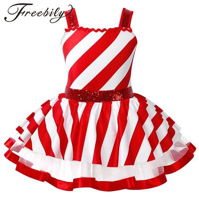 Girls Christmas Candy Cane Costume Shiny Sequ Striped Mesh S