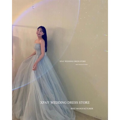 Simple Dusty Blue Soft Tulle Korea Prom Dresses Customised S