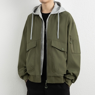 侨迪蒙拉连帽春秋季假两件帅气男外套青少年高中学生夹克百搭潮牌