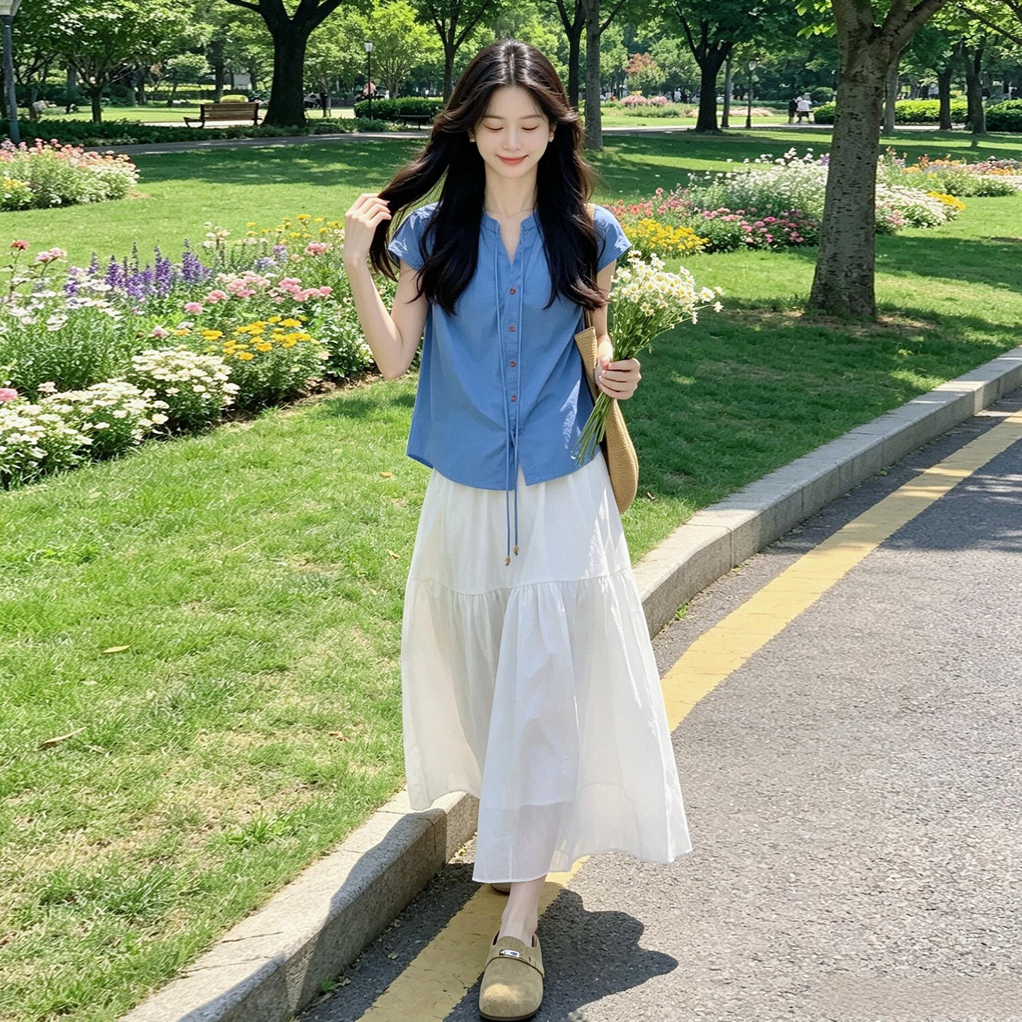 克莱因蓝小飞袖衬衫半身裙子套装女夏季韩系松弛感穿搭一整套长裙