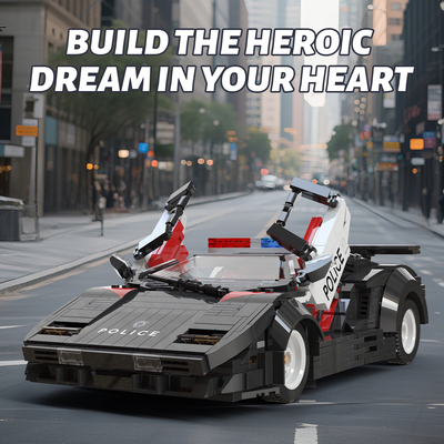砖悦66121MOC兰博跑车警车模型儿童益智拼装小颗粒积木男孩玩具