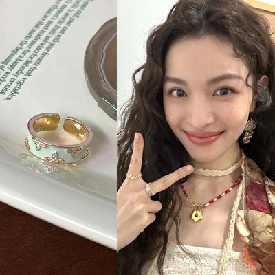 薄荷绿四叶草戒指法式轻奢复古