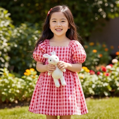 红白格子爱心纯棉连衣裙