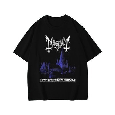 跨境街头复古Mayhem挪威乐队摇滚暗黑风美式朋克男士纯棉短袖T恤