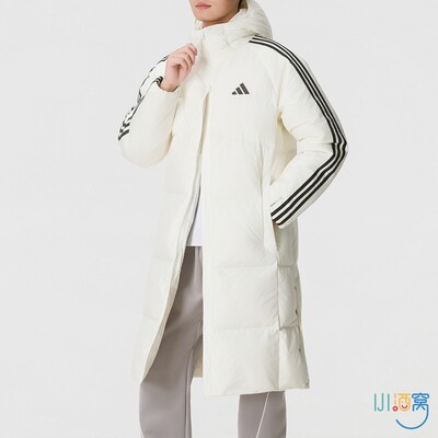 新款正品ADIDAS阿迪达斯三条纹男运动休闲中长款连帽羽绒服KG8202